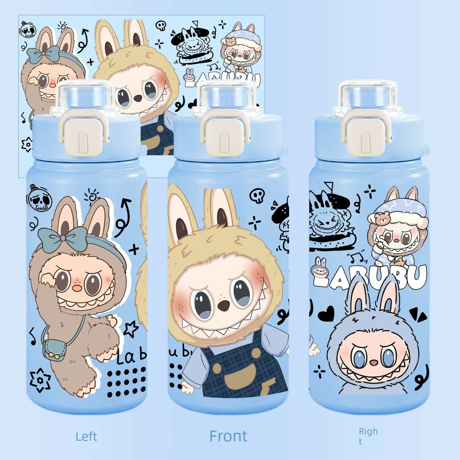 Термокружка Labubu с двойными стенками, бутылка для воды Bubble Mart с трубочкой, детская портативная бутылка для воды