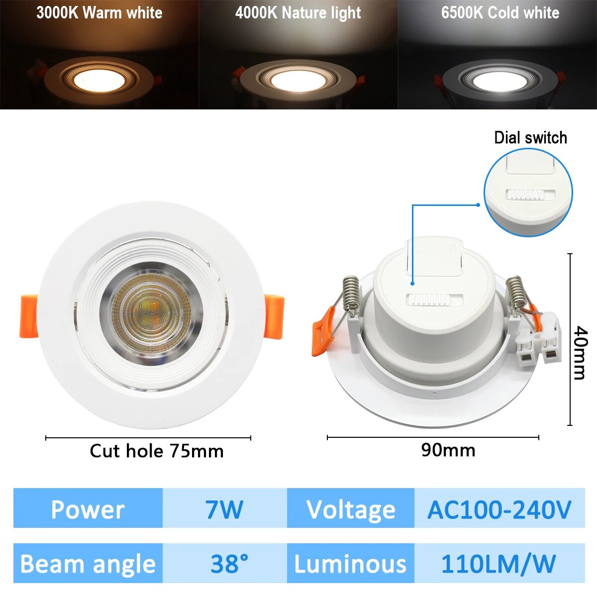 Встроенный светодиодный прожектор 7W, 38°, 110LM/W, AC100-240V, 90mm,