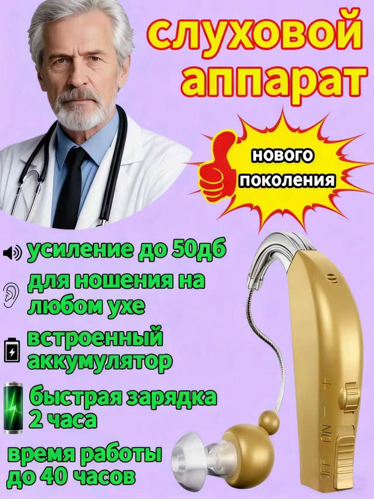 Накладной слуховой прибор с зарядным устройством для пожилых и взрослых