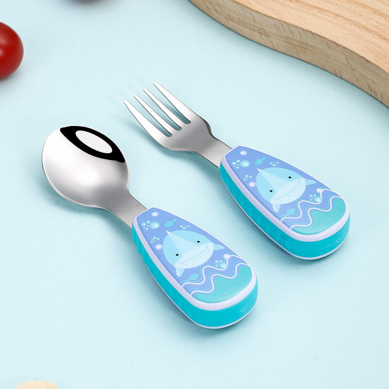 Набор детских ложек и вилок из нержавеющей стали 304 с дизайном акулы для обучения кормления, 1 комплект