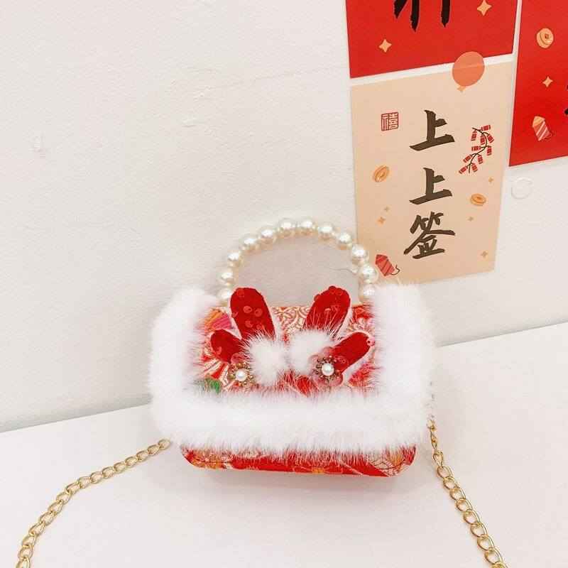 Детская сумка осень-зима Новый год красная праздничная сумочка в стиле маленького Шанель с шерстяными жемчужными аксессуарами сумка для девочки