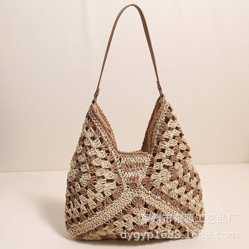 Оптовая соломенная сумка с полым цветком, большая треугольная сумка с цветными блоками, плетеная сумка для отпуска, пляжная сумка, универсальная сумка через плечо