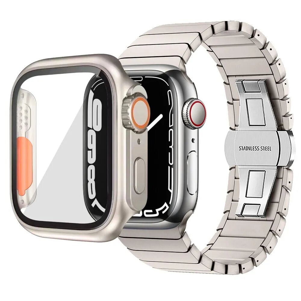 Защитный чехол-бампер Ultra для Apple Watch 1-9 и SE 38 мм, 40 мм, 41 мм, 42 мм, 44 мм, 45 мм/с противоударными свойствами и функцией защиты экрана, мгновенно придаёт вид Apple Ultra