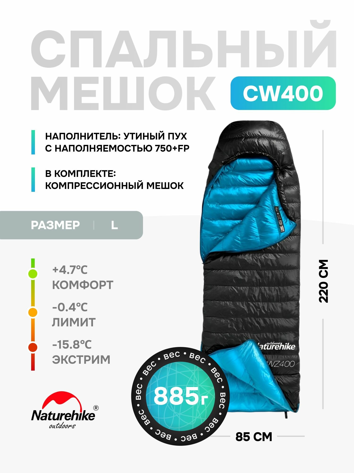 Пуховый спальный мешок одеяло Naturehike / до - 15,8 C, цвет черно-голубой / CW400 mummy duck down sleeping bag, модель NH18C400-D