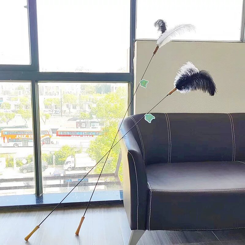 Длинная игрушка-дразнилка для кошек с перьями фазана/клубничными перьями, дразнилка-удочка с колокольчиком, сменная