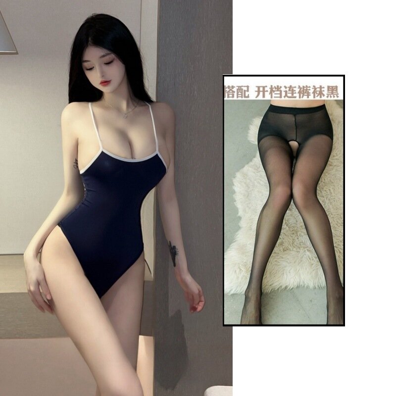 Сексуальное нижнее белье, боди, купальник, школьный купальник, сексуальный тонкий прозрачный боди из молочного шелка с подвязками. Цельный боди + черные чулки с открытой промежностью.