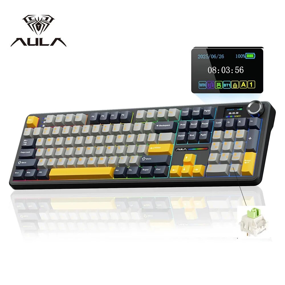 Механическая клавиатура AULA F108/F108 PRO с 108 клавишами и RGB-подсветкой, с возможностью горячей замены, аккумулятор 8000 мАч, 3 режима, полноразмерная игровая клавиатура