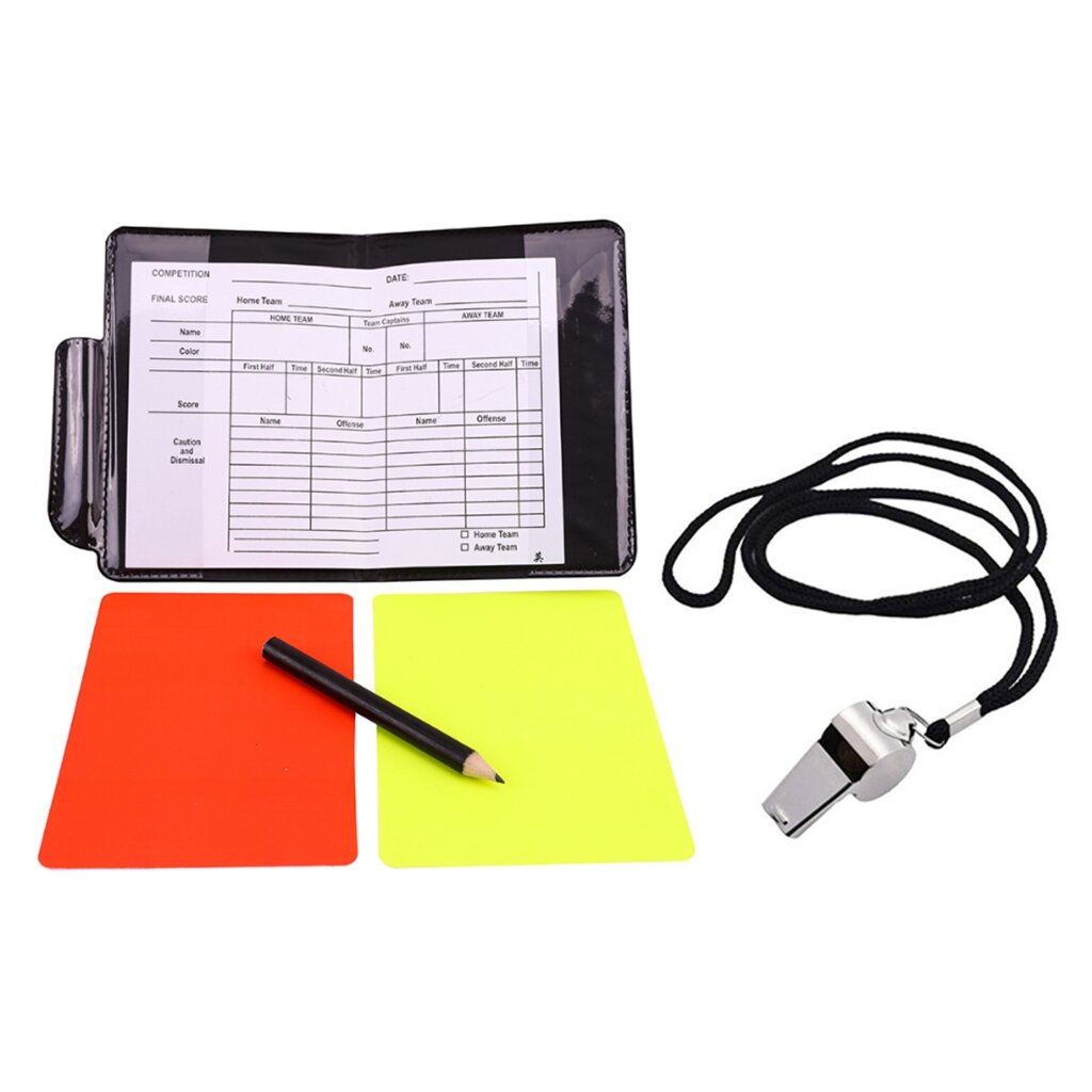 Набор судьи по футболу: красная и желтая карточки, свисток, ремешок, блокнот для счета