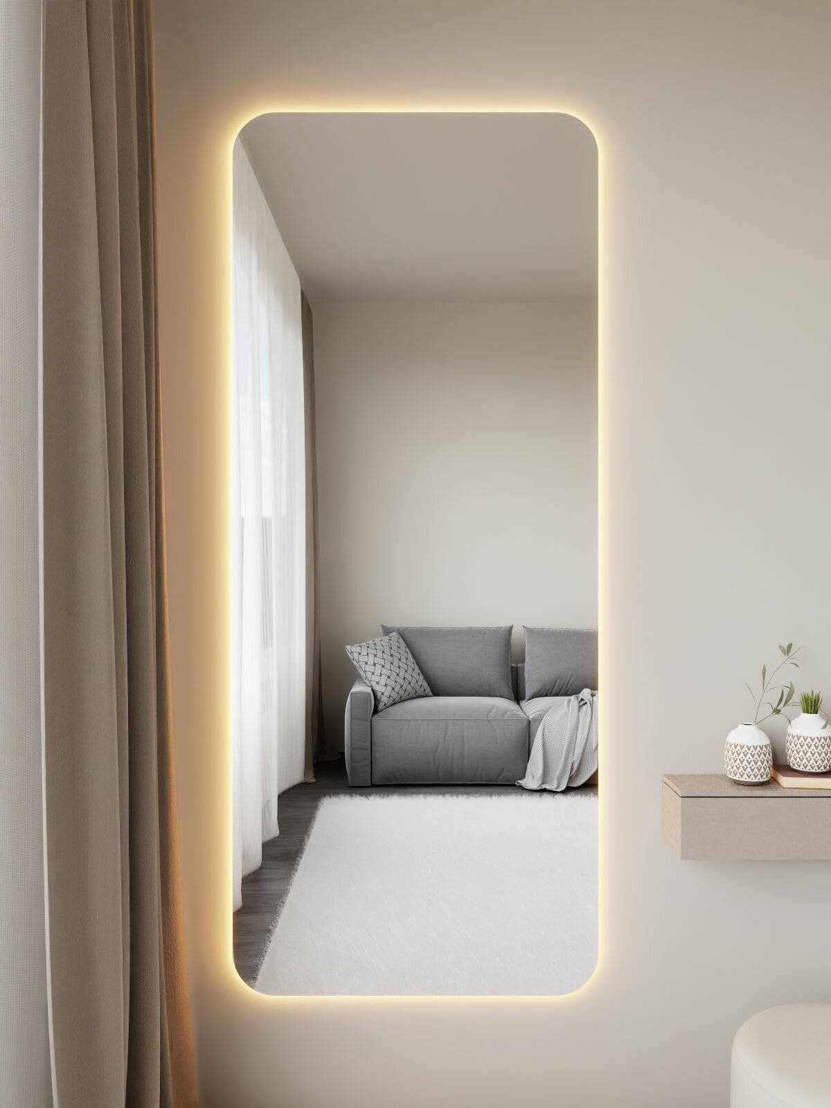 Зеркало настенное 200х80 см. мягкий квадрат BLX MIRROR с подсветкой теплый свет 3000К