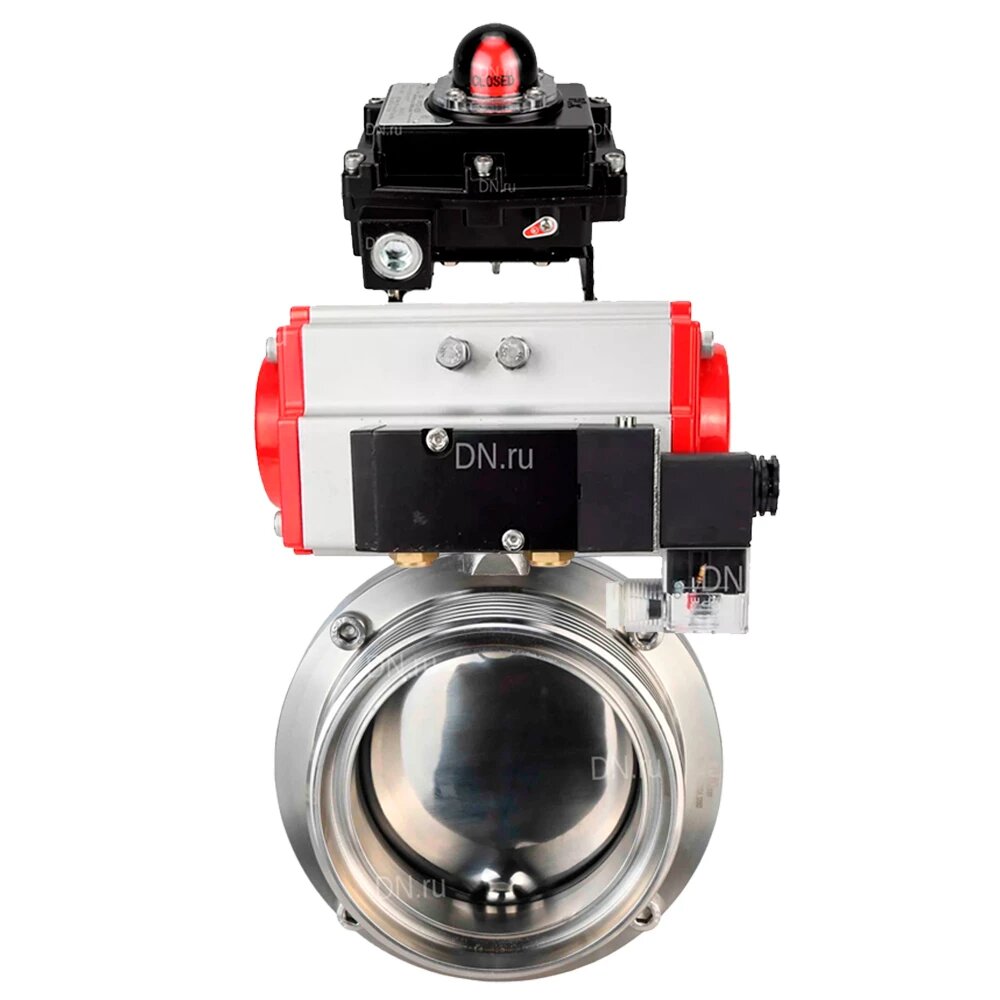 Затвор дисковый поворотный DN.ru 304-304-EPDM-2W-T-H Ду25 Ру10 резьбовой, пищевая нержавеющая сталь 304, уплотнение – EPDM, с пневмоприводом DN. ru DA-052, пневмораспределителем DN. ru PND2-S1EM-52-1NC-J08-220VAC и БКВ DN. ru LSB-410-02ExM12-250