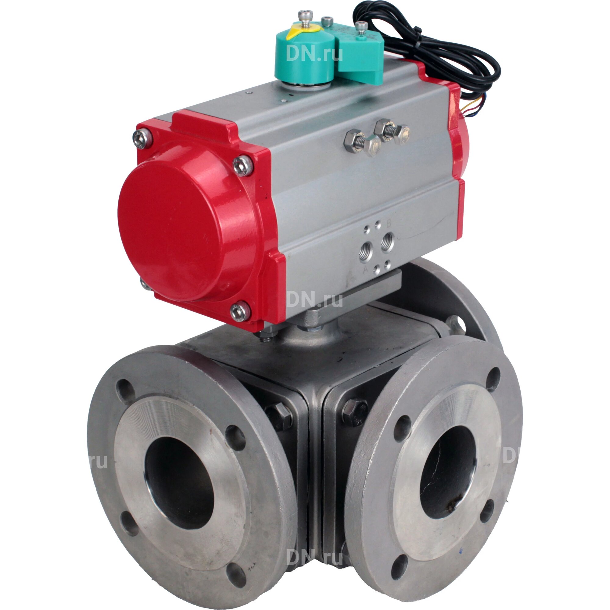 Кран шаровой DN.ru 316-316-PTFE L-тип Ду40 Ру16 полнопроходной трехходовой L-тип, фланцевый, корпус - нержавеющая сталь SS316, уплотнение - PTFE, с пневмоприводом DA-065 и магнитным переключателем МППП-200