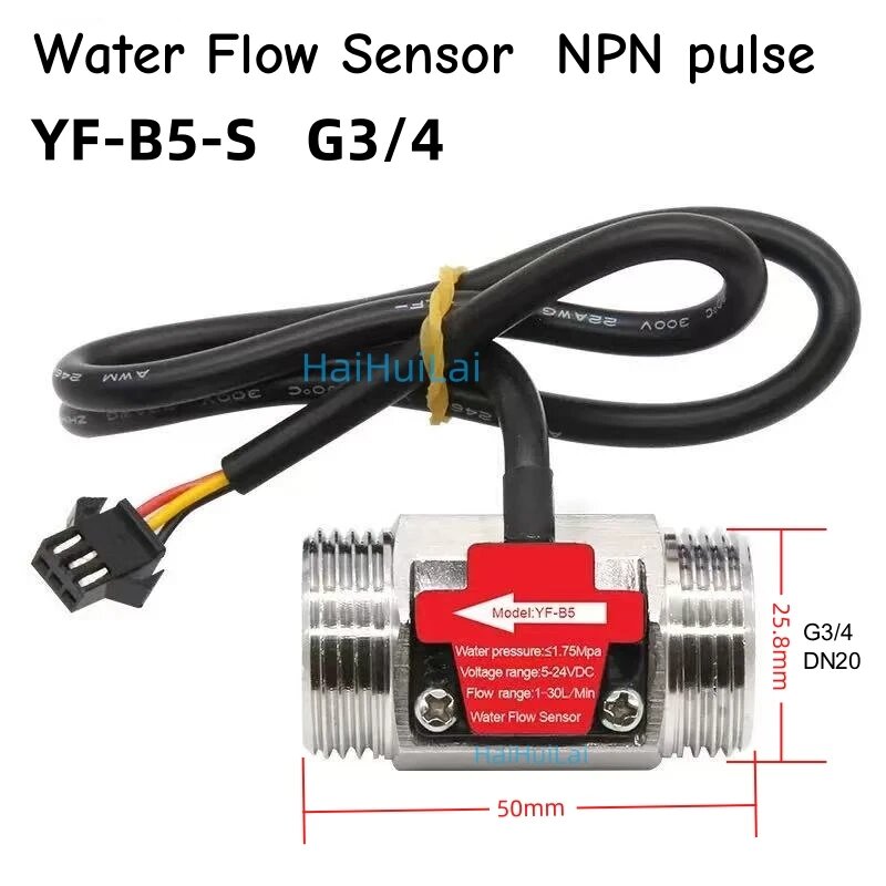 YF-B5-S G3/4 "SUS304 Датчик расхода воды Турбинный измеритель Магнитный эффект Холла NPN Импульс 1-30 л/мин