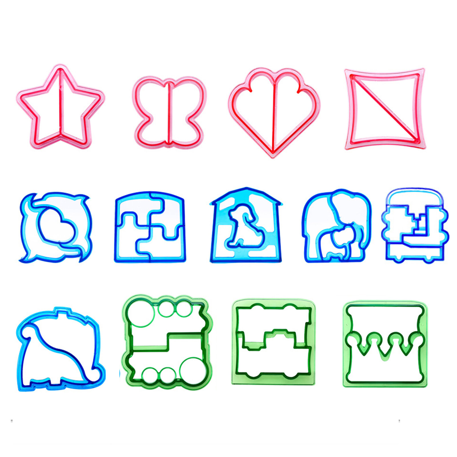 Формы для вырезки сэндвичей Colorful, разноцветные, Set of 13, формы для вырезки еды, хлеб, печенье, инструменты для выпечки для детей, dolphin, puzzle, puppy, elephant, dinosaur, pentagram, butterfly, love, triangle, locomotive, car, crown, из пищевого