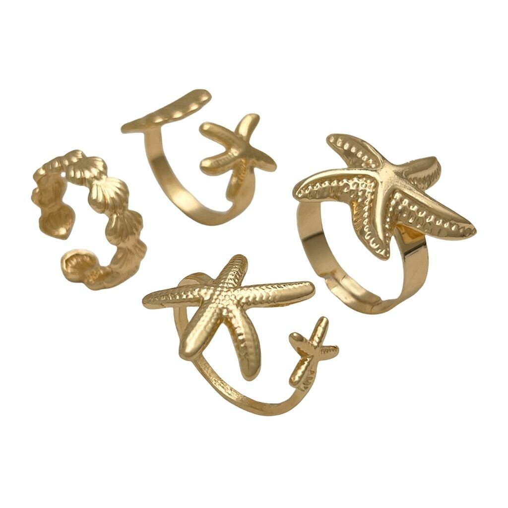 4 шт. регулируемые кольца с ракушками и морскими звездами, летние украшения, золото и серебро, прибрежный стиль, Золото