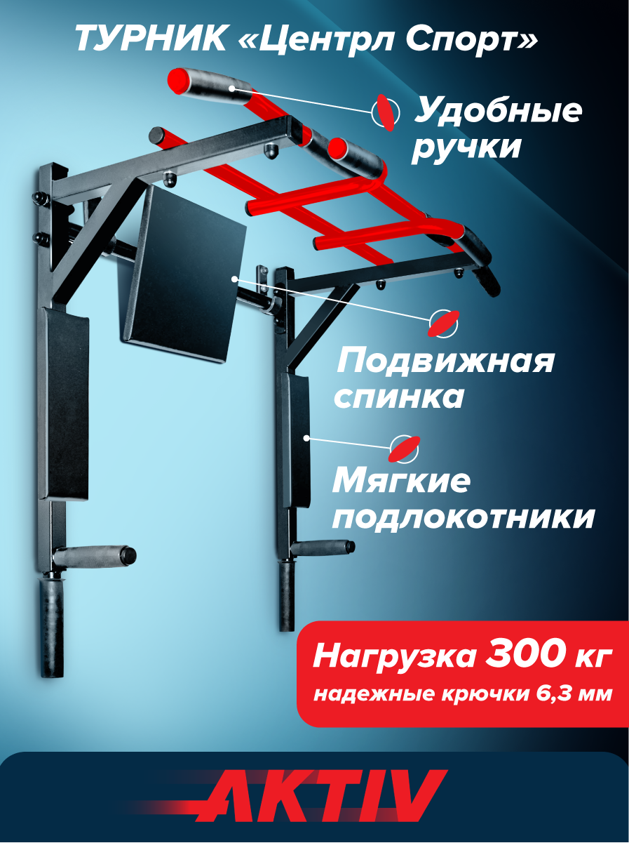 Турник настенный 3в1 брусья пресс тренажер для дома усиленный, нагрузка 300кг Центрл Спорт черно красный разборный Aktiv