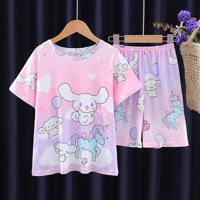 Милый детский пижамный костюм Sanrio Cinnamoroll Hello Kitty, одежда для сна Kuromi Melody для девочек и мальчиков, осенний домашний костюм с длинными рукавами, подарки, Размер: 18 (145-155 см)