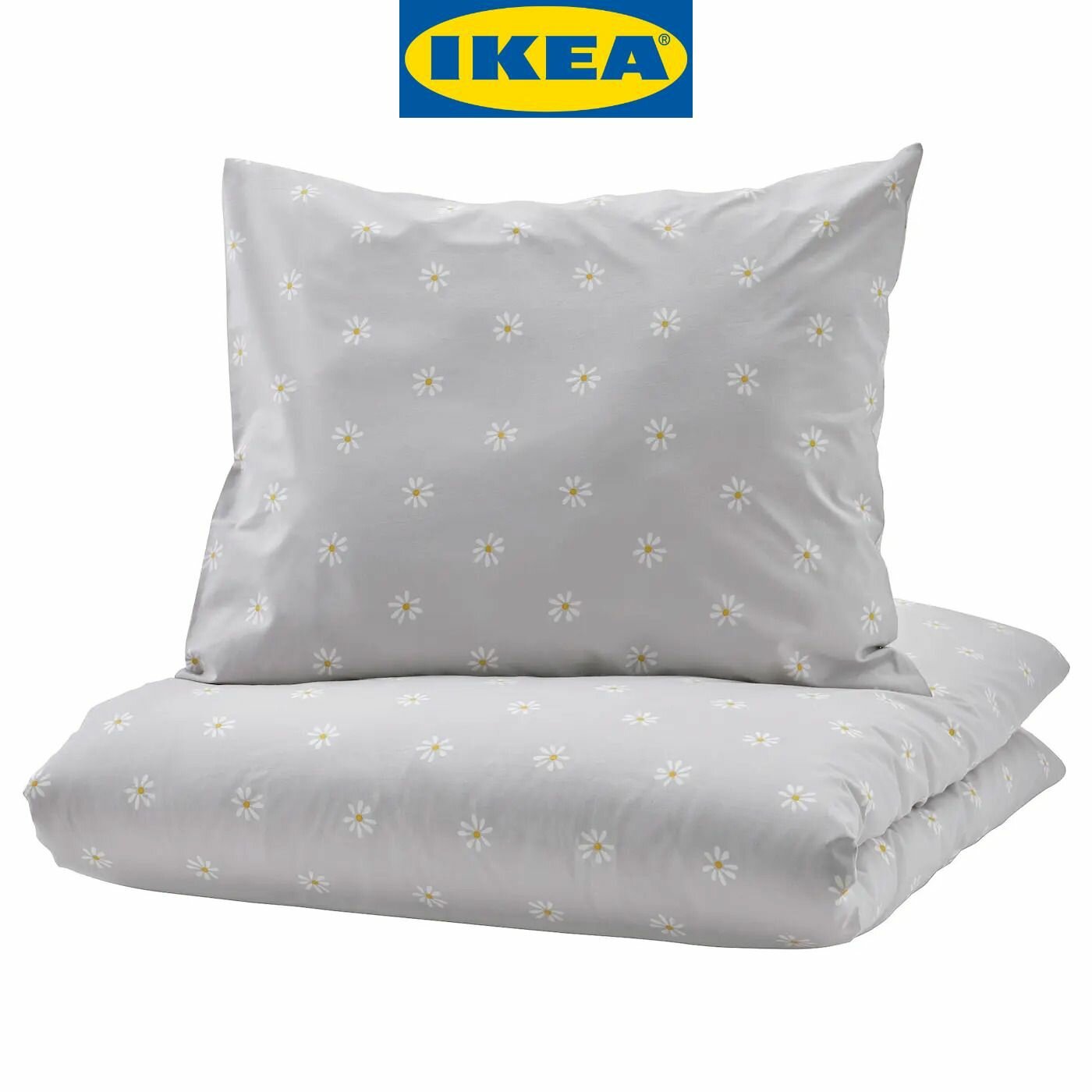 Икеа Наттсланда Одеяло и наволочка, цветочные узоры серого / белого цвета, 150x200 / 50x80 см