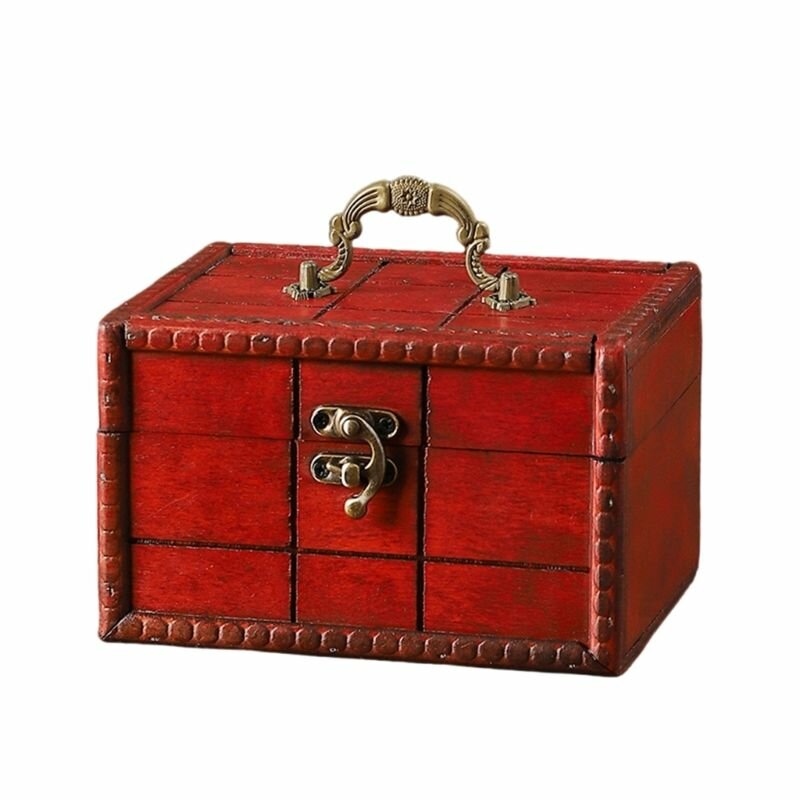 Ретро портативный маленький сундук с сокровищами, деревянный ящик для хранения-ретро Красный