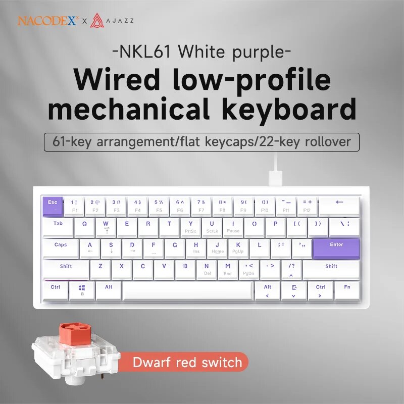 Ajazz NKL61 проводная механическая клавиатура 61 клавиш Фиолетовый, White No Light