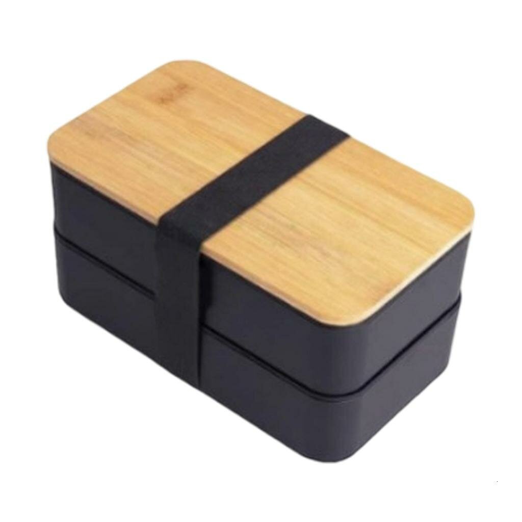 Японский бенто-бокс 1200 мл с двойным слоем, крышкой из бамбука и набором столовых приборов, A - коробка для ланча