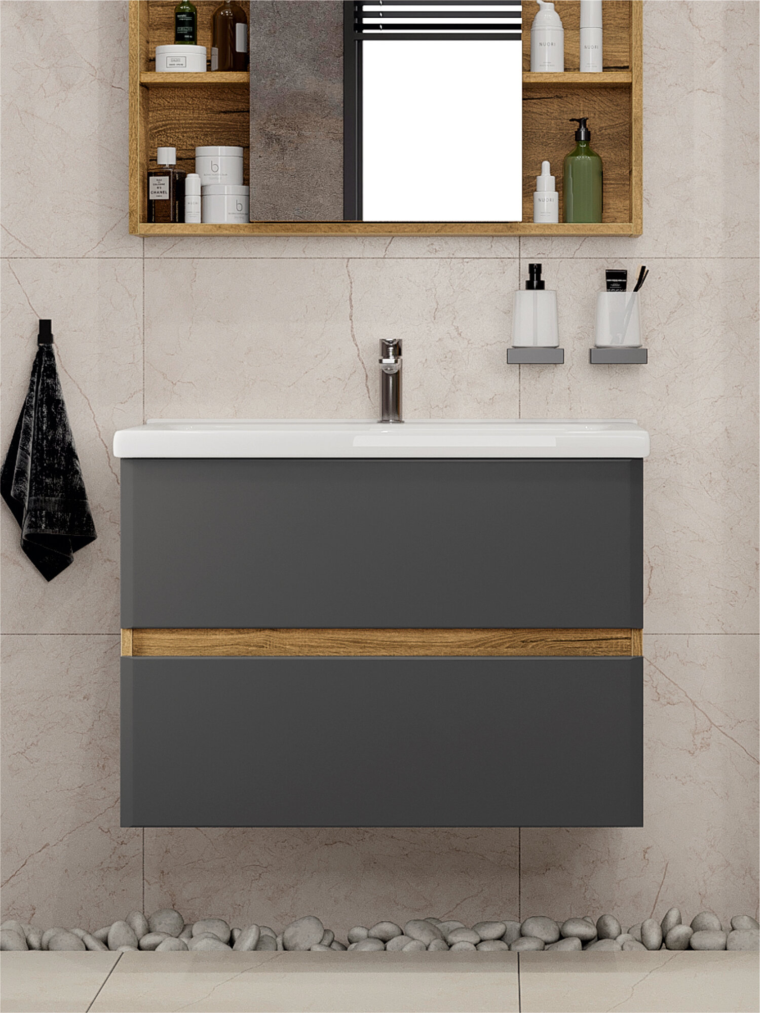 Тумба подвесная SanStar Graffa 100 Без раковины для ванной комнаты Дуб вотан, графит софт