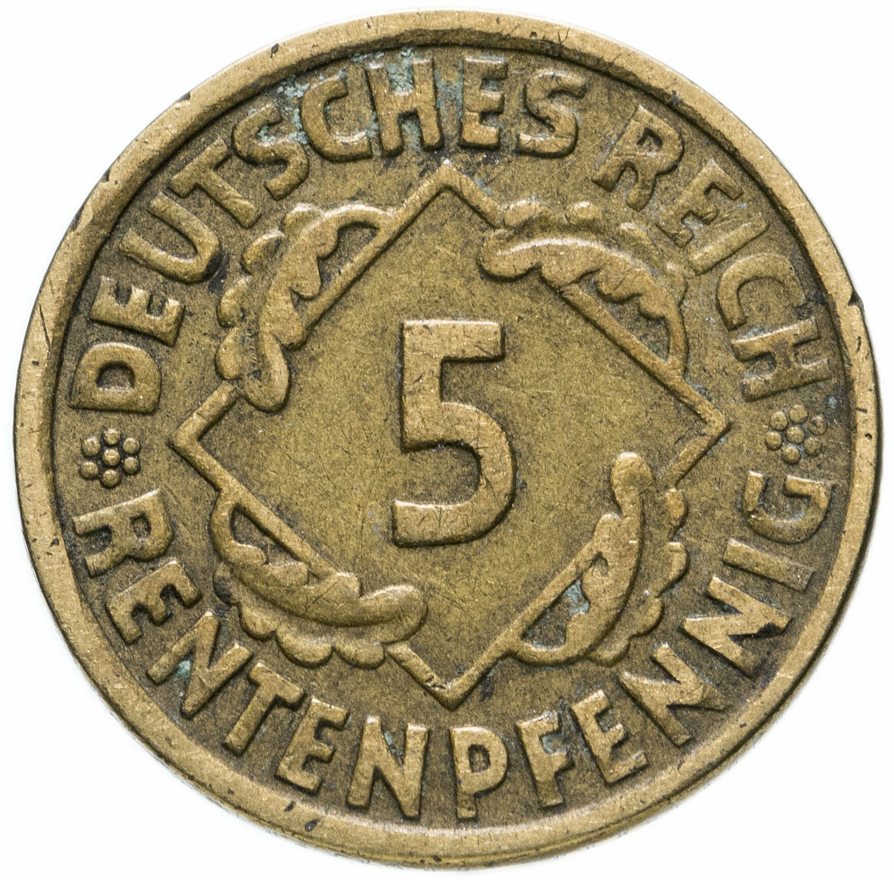 Германия 5 рентенпфеннигов rentenpfennig 1924 J знак монетного двора "J" — Гамбург, Бронза, в сохранности VF