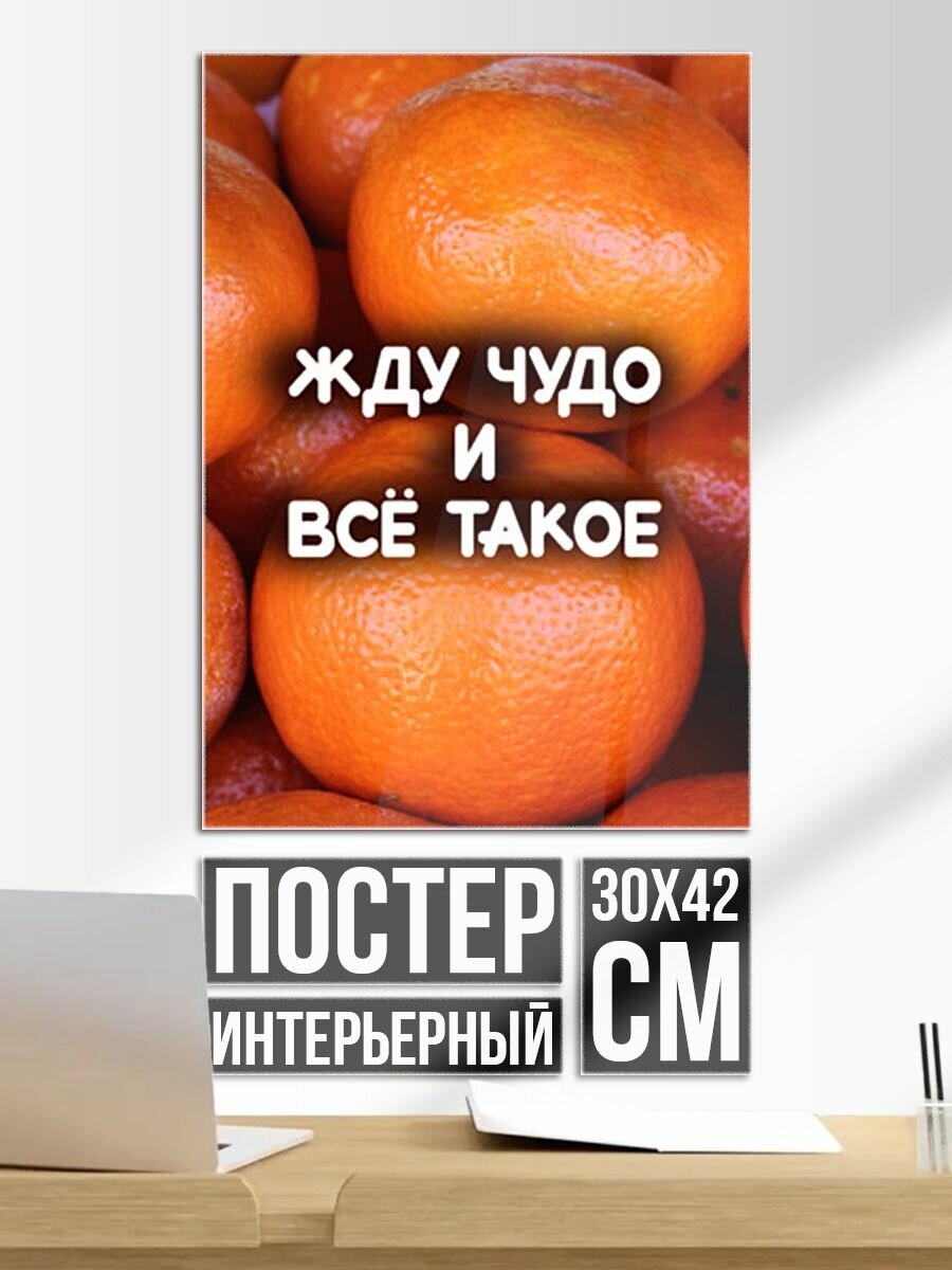 Постер на стену Гора мандаринов апельсинов и листьев: жду чудо и все такое