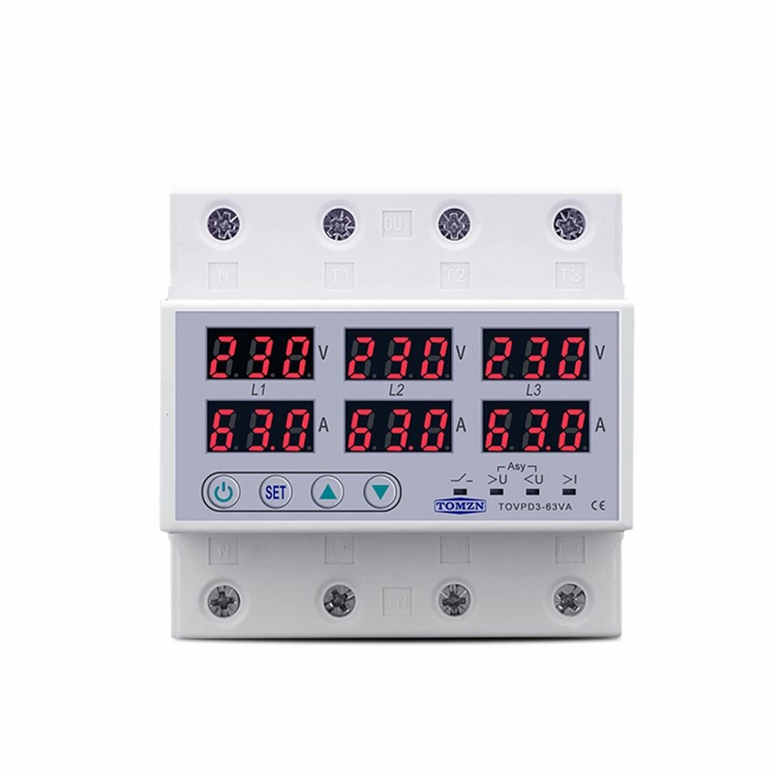 Реле напряжения 3 фазы на DIN-рейку 3P+N вольтметр через защитное устройство