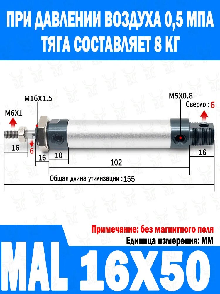 Мини-цилиндр из нержавеющей стали, серия MAL, 16X50CA, ход 50 мм Немагнитный