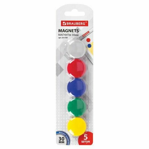 12 шт. Магниты диаметром 30 мм, комплект 5 штук, цвет ассорти, в блистере, BRAUBERG, 231729