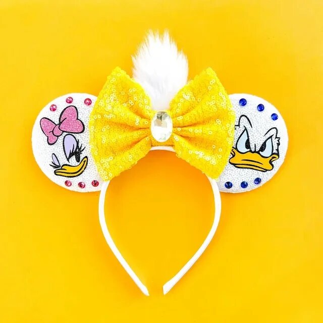 Повязка на голову Disney с белыми жемчужинами и ушками Микки Мауса, женское красочное украшение для волос из мягкого хлопка с бантиком, повязка на голову для девочки с Минни Маус, детский подарок.