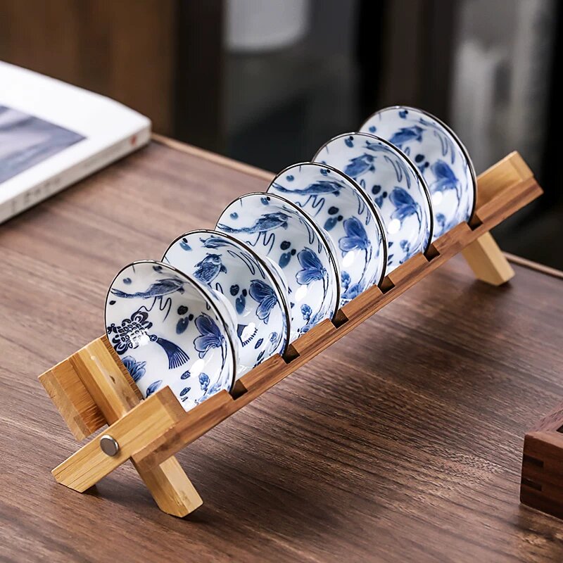 Сине-белые конические чашки для кунг-фу чая, набор из 6 штук с подставкой, керамические чашки с полноцветной имитацией