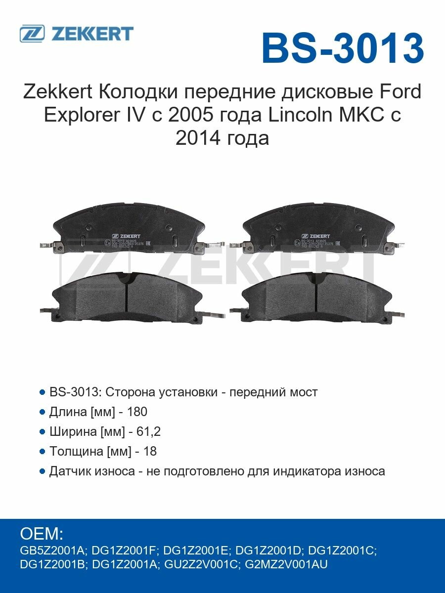 Zekkert Колодки передние дисковые Ford Explorer IV с 2005 года Lincoln MKC с 2014 года