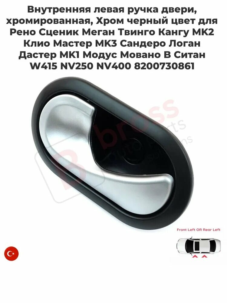 Bross Auto Parts Ручка дверная автомобильная, арт. BDP107 Внутренняя левая ручка двери, хромированная для Рено; Сценик, Меган, Твинго, Кангу MK2, Клио, Мастер 3, Сандеро, Логан, Дастер 1, Модус, 8200730861, 1 шт.