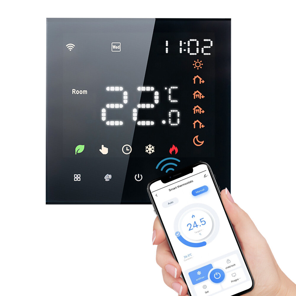 Smart Tuya WiFi Термостат Voice Control 16A Цифровой Программируемый LCD Дисплей Сенсорный Электрическое Нагревание Унитазное Нагревание Контроллер Температуры Цифровой Интеллектуальный Стенный Термостат Совместимый Черный Белый 86x86x40mm 1шт AC