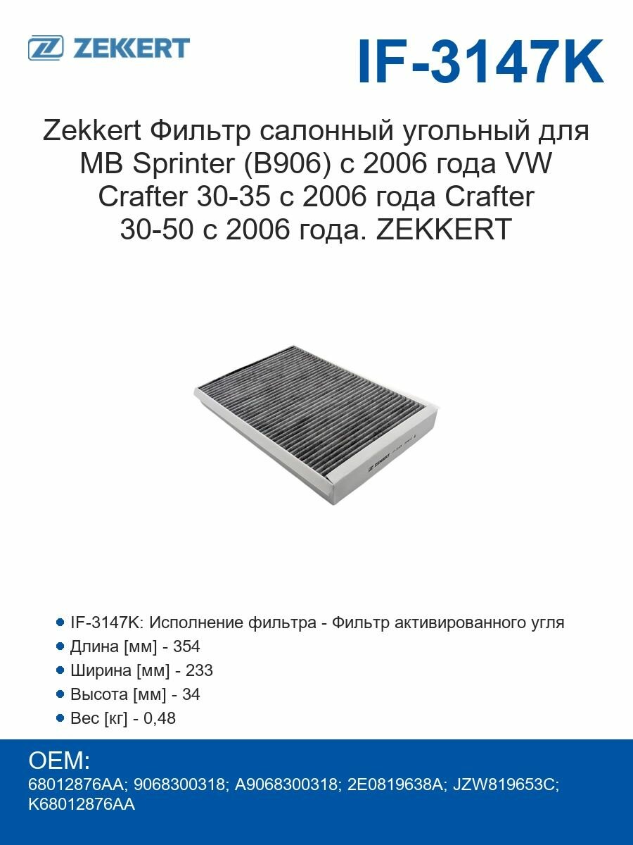 Zekkert Фильтр салонный угольный для MB Sprinter (B906) с 2006 года VW Crafter 30-35 с 2006 года Crafter 30-50 с 2006 года. ZEKKERT