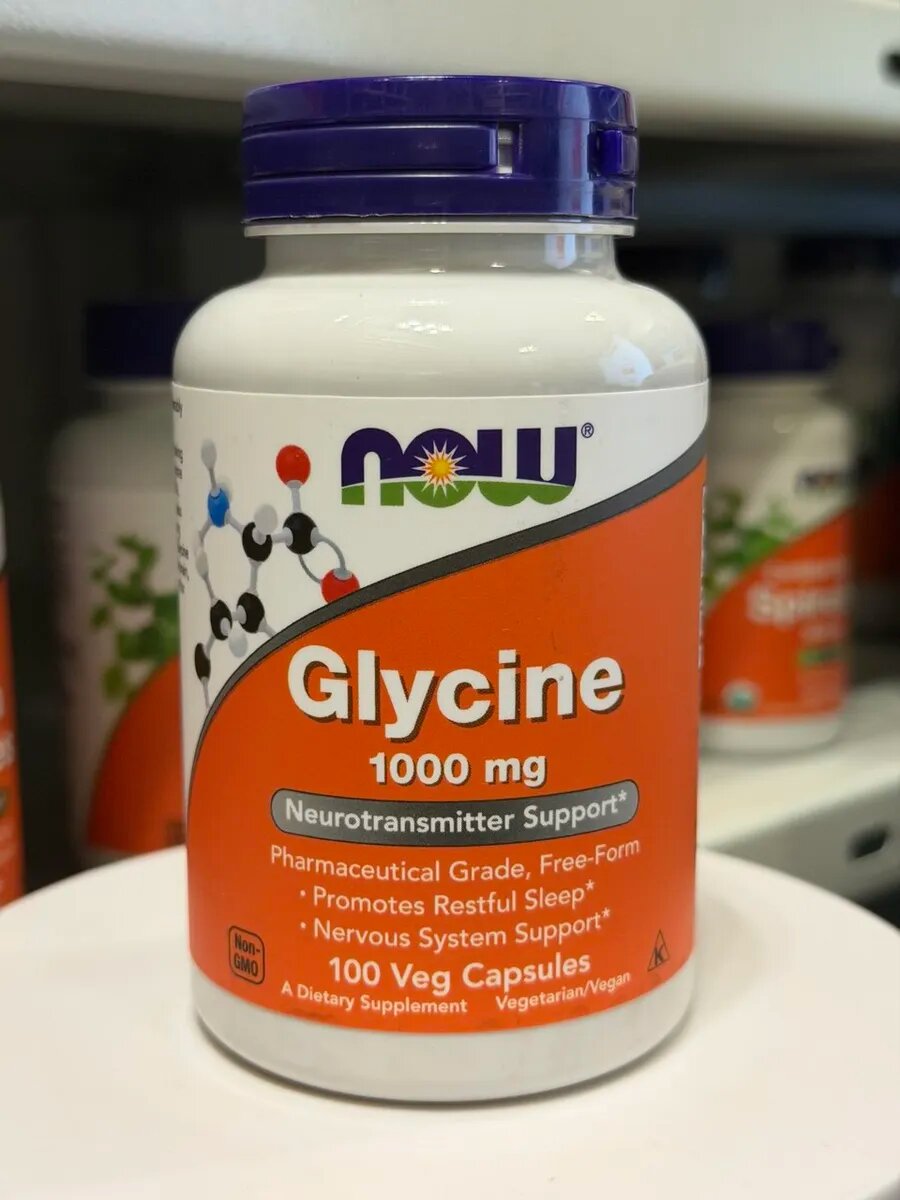NOW Glycine 1000 mg - Глицин для сна, нервной системы и восстановления организма, 100 капсул