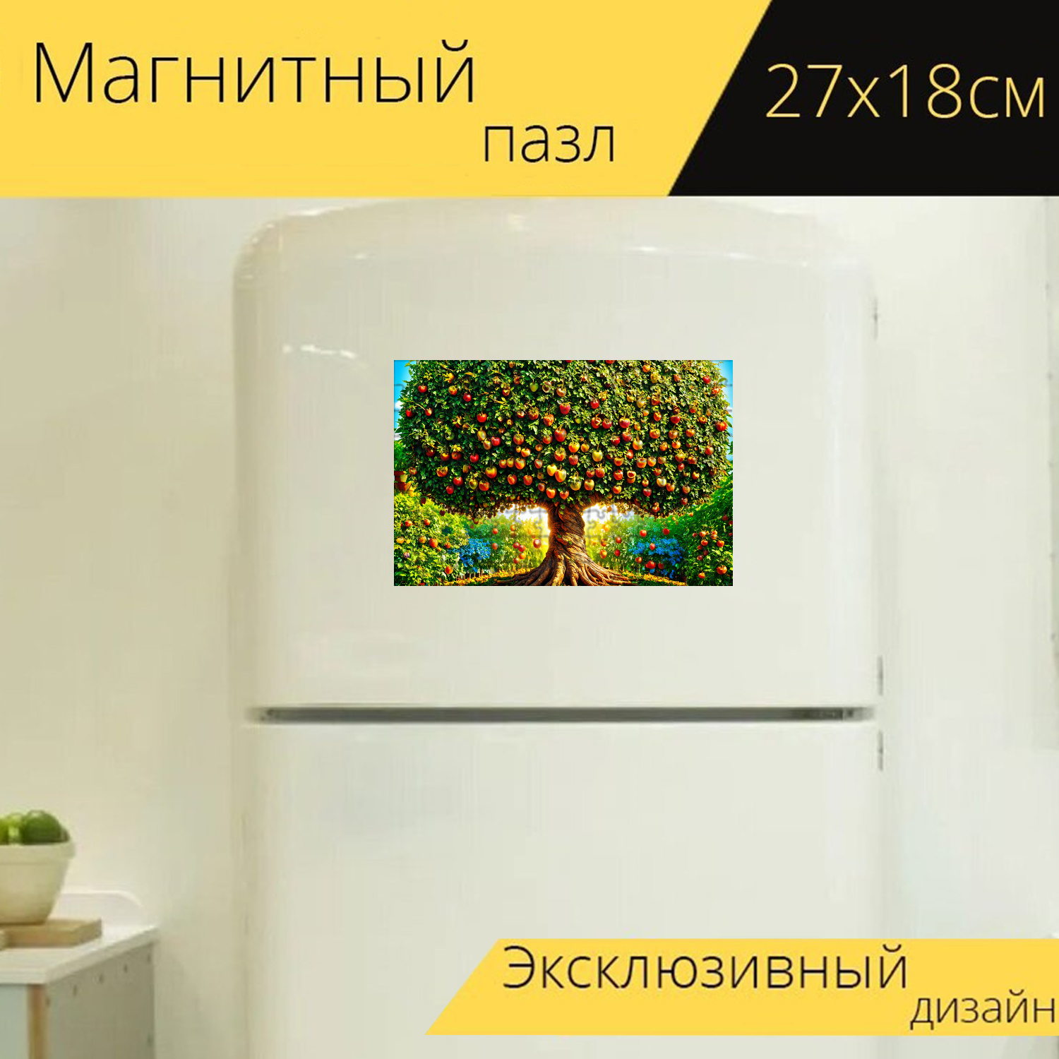 Магнитный пазл "Удивительное дерево жизни, полное разных фруктов, растущее в центре волшебного садa. используйте технику коллажирования, сочетая." на холодильник 27 x 18 см.