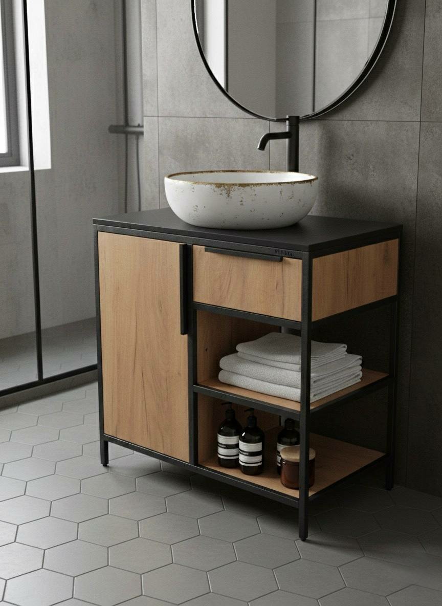 Тумба под раковину Лофт, напольная, с ящиками и дверкой, дуб крафт золотой