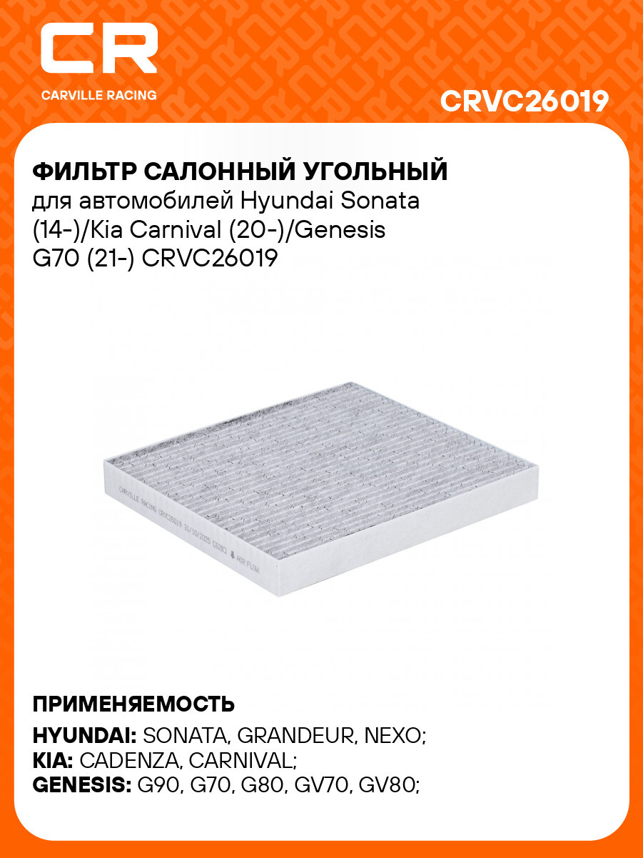 Фильтр салонный угольный для автомобилей Hyundai Sonata (14-)/Kia Carnival (20-)/Genesis G70 (21-) CRVC26019 Carville Racing