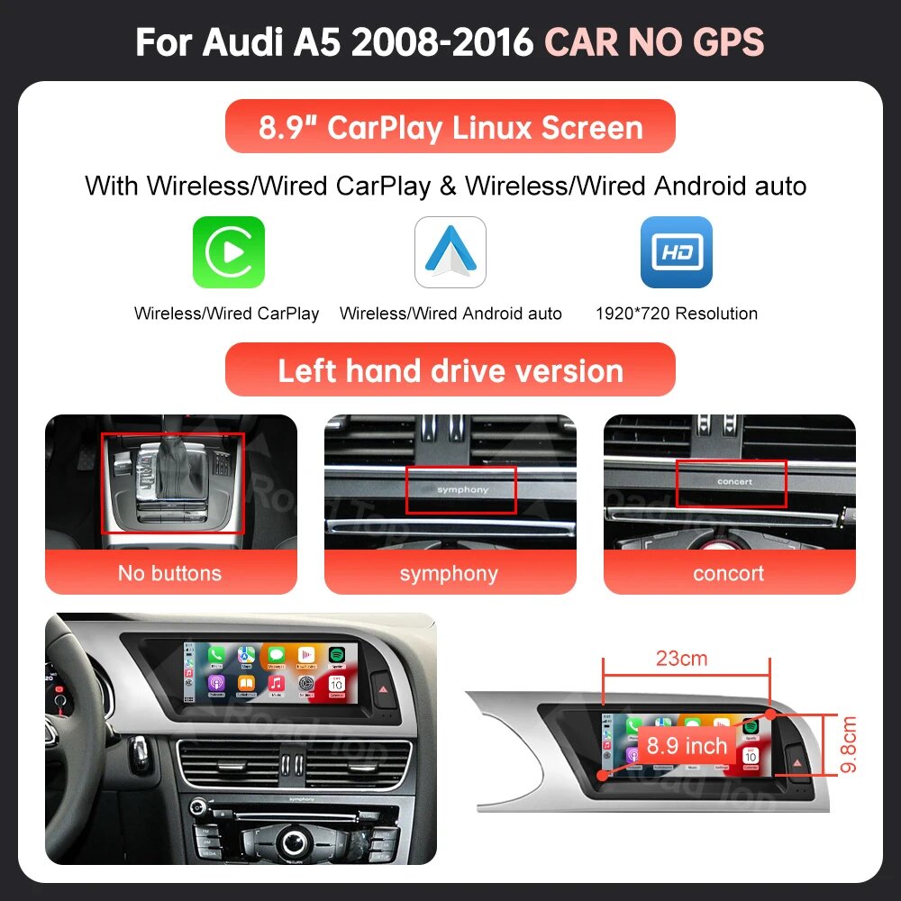 8.9" CarPlay Android Auto для Audi A5 2008-2016, LHD, No GPS