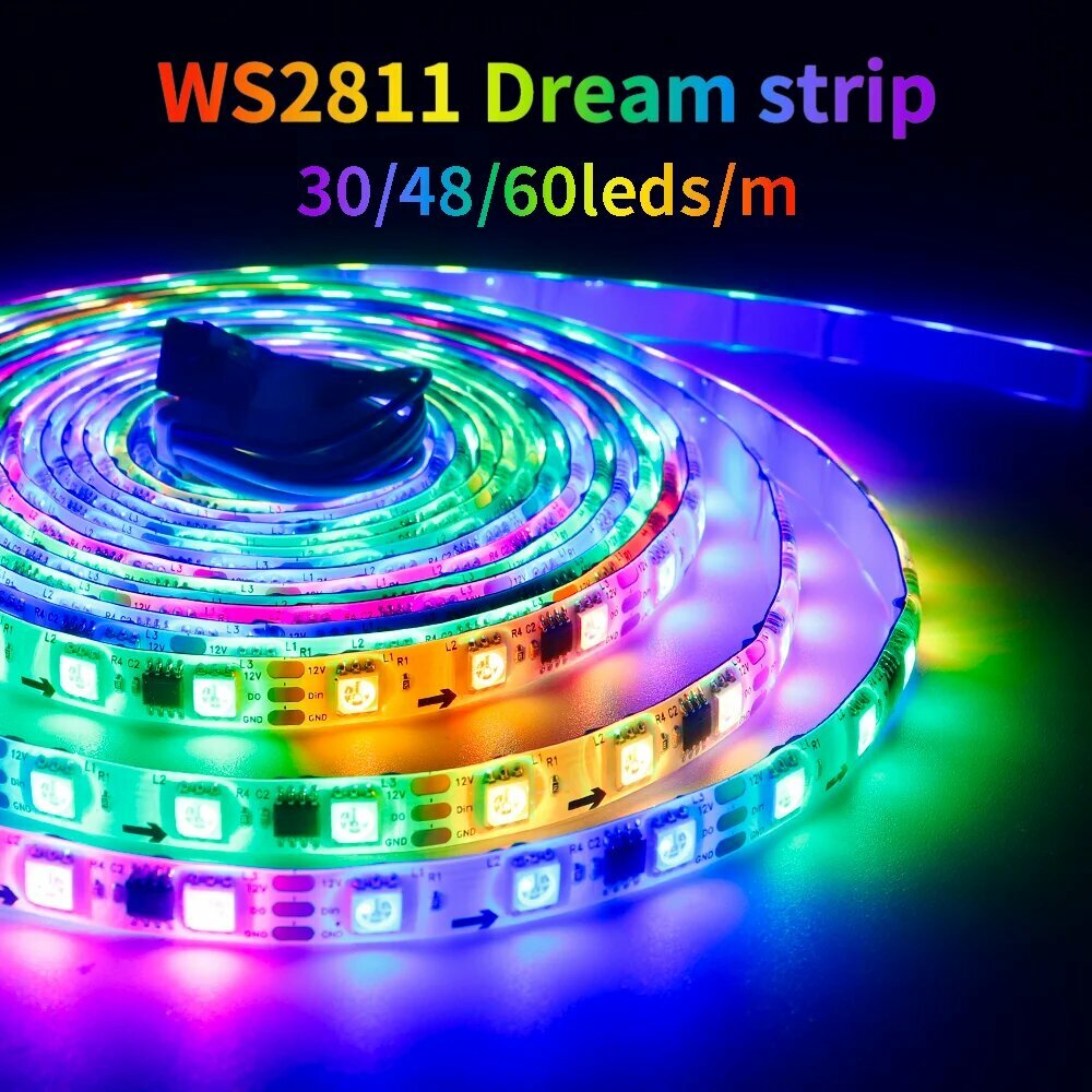 WS2811 IC Внешняя 1 IC Control 3 светодиода RGB Светодиодная лента 5050SMD Полноцветная адресная 30 48 60 светодиодов Гибкие светодиодные фонари DC12V