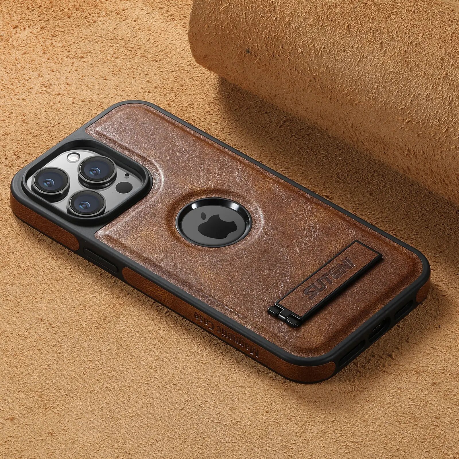 Кожаный чехол для iPhone 15 14 13 12 Pro Max, [совместим с Mag-safe], встроенный Невидимый Защитный Тонкий чехол с подставкой
