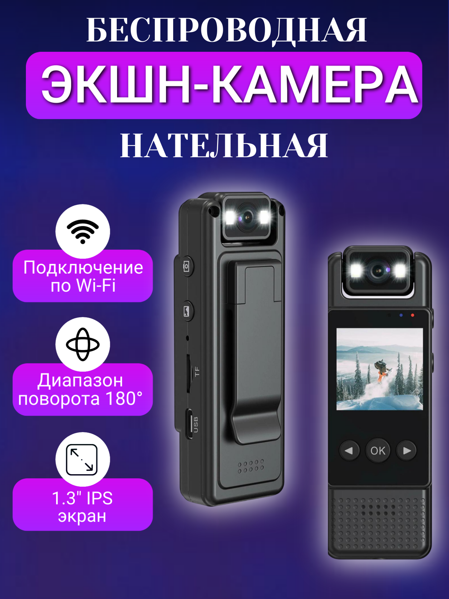 Экшн камера видеонаблюдения нательная, нательная камера для скрытого наблюдения, 1080P с Wi-Fi, черная