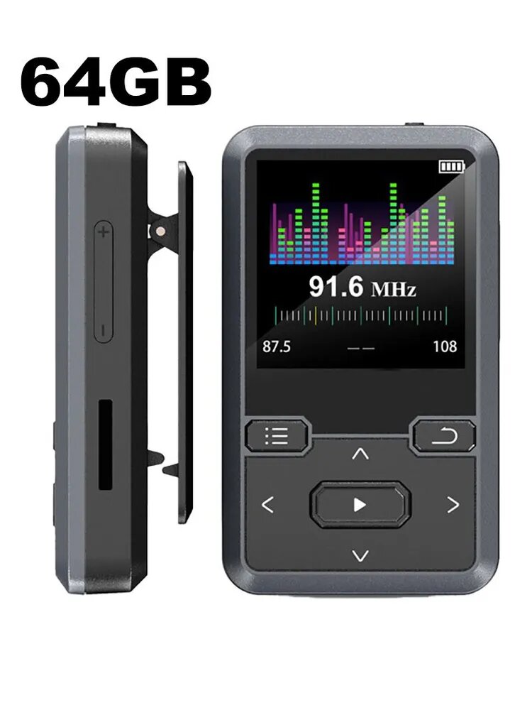 MP3-плеер 64 ГБ, черный с FM-радио, диктофоном и клипсой, для спорта
