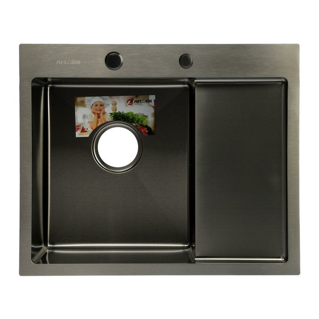 Мойка кухонная AFLORN AF95848F-L, врезная, левая, S=3 и 0.8 мм, 58×48×22 см, сифон, графит