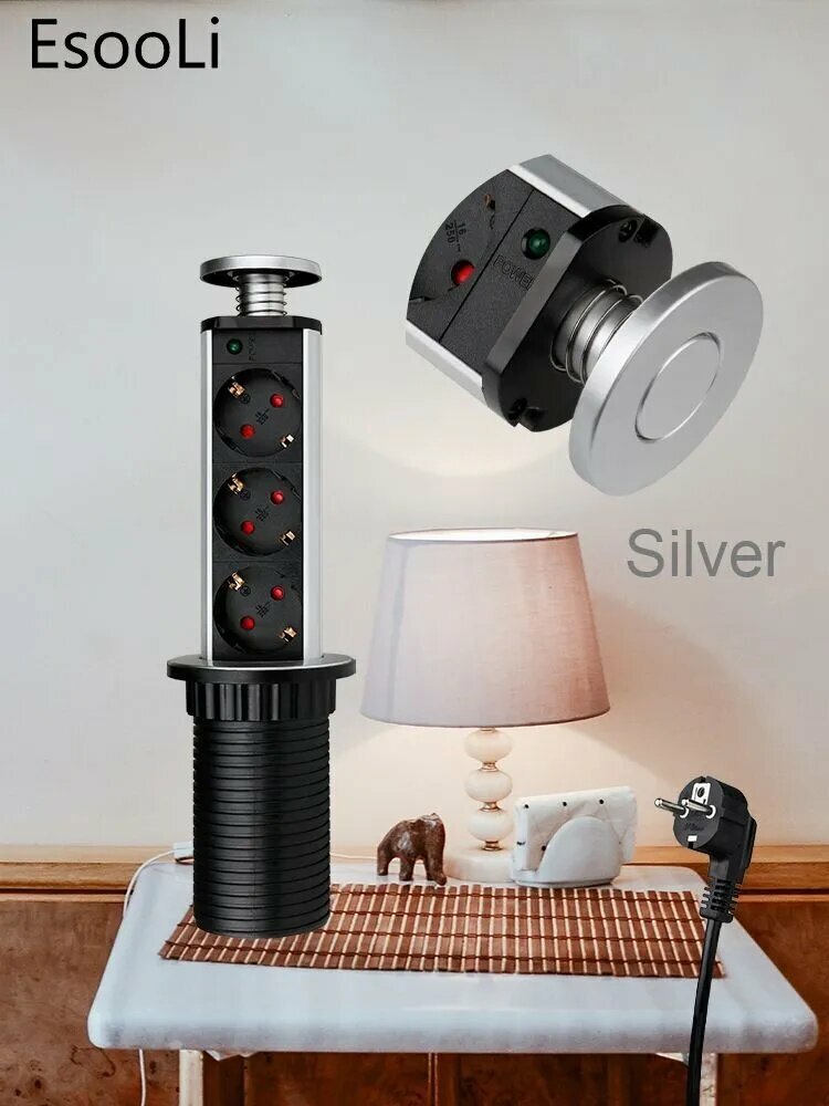 Встраиваемая выдвижная розетка для столешницы для кухни на 3 розетки, с кабелем 1.8 м с вилкой, серебристый