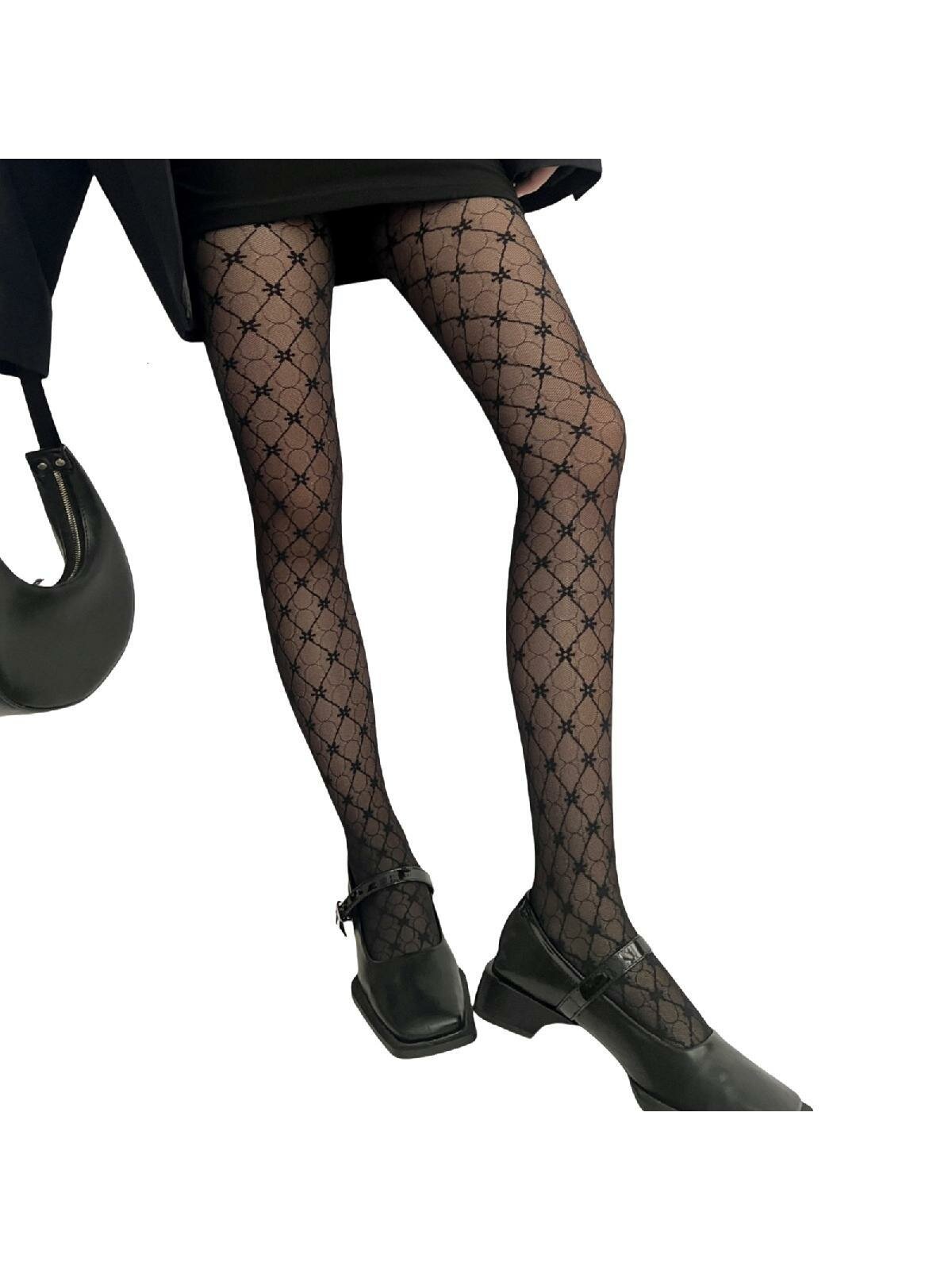 Винтажные полупрозрачные колготки в клетку с цветочным узором, Черный