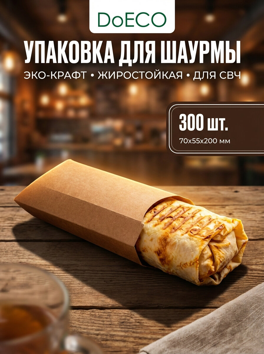 Коробка крафт пищевая DoECO контейнер одноразовый с крышкой, упаковка 70х55х200 мм, 300 шт.