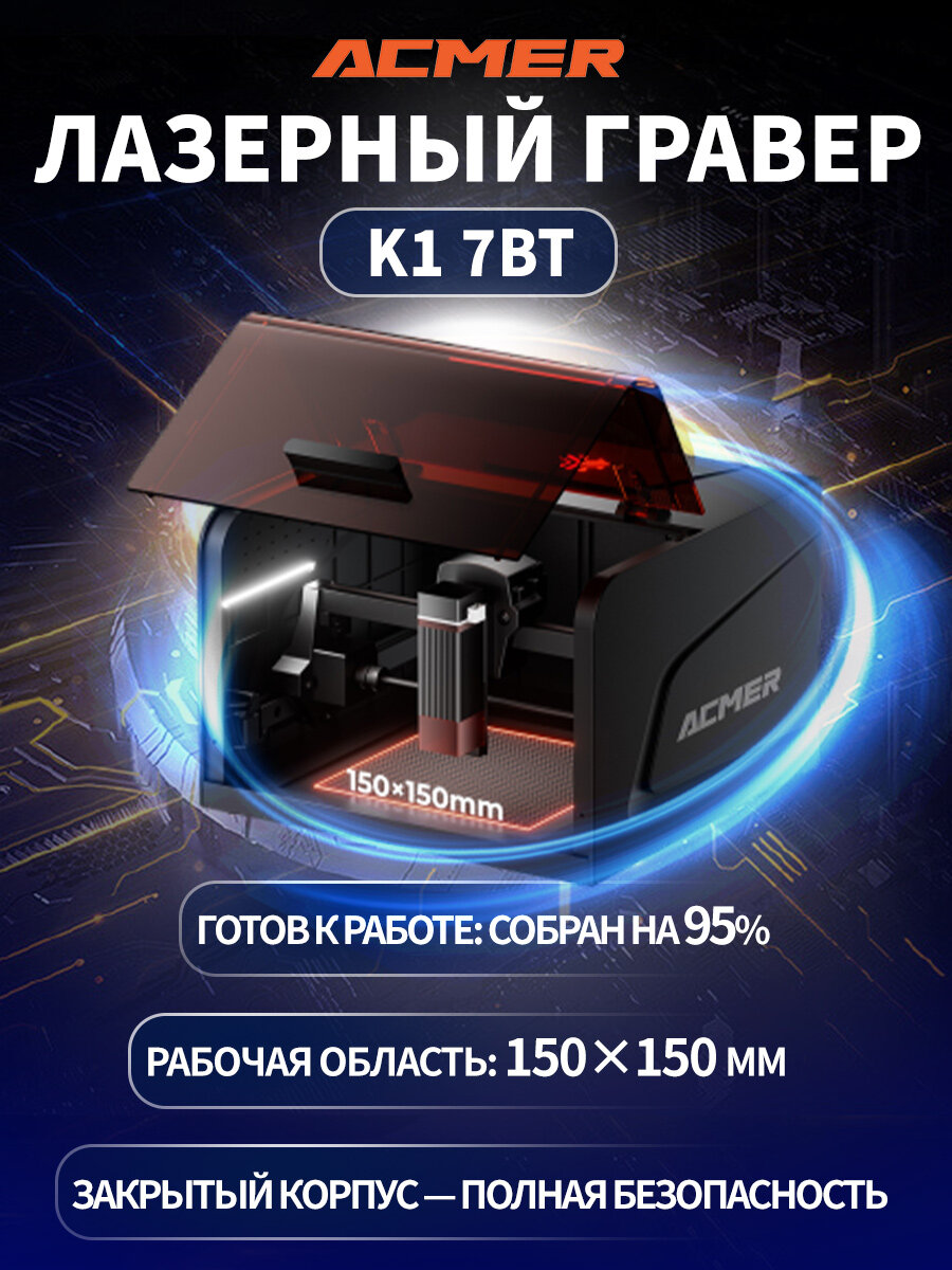 Acmer K1 7Вт Лазерный гравер, DIY Сборка для Дерева, Кожи, Металла, Пластика. Высокоточный настольный станок.